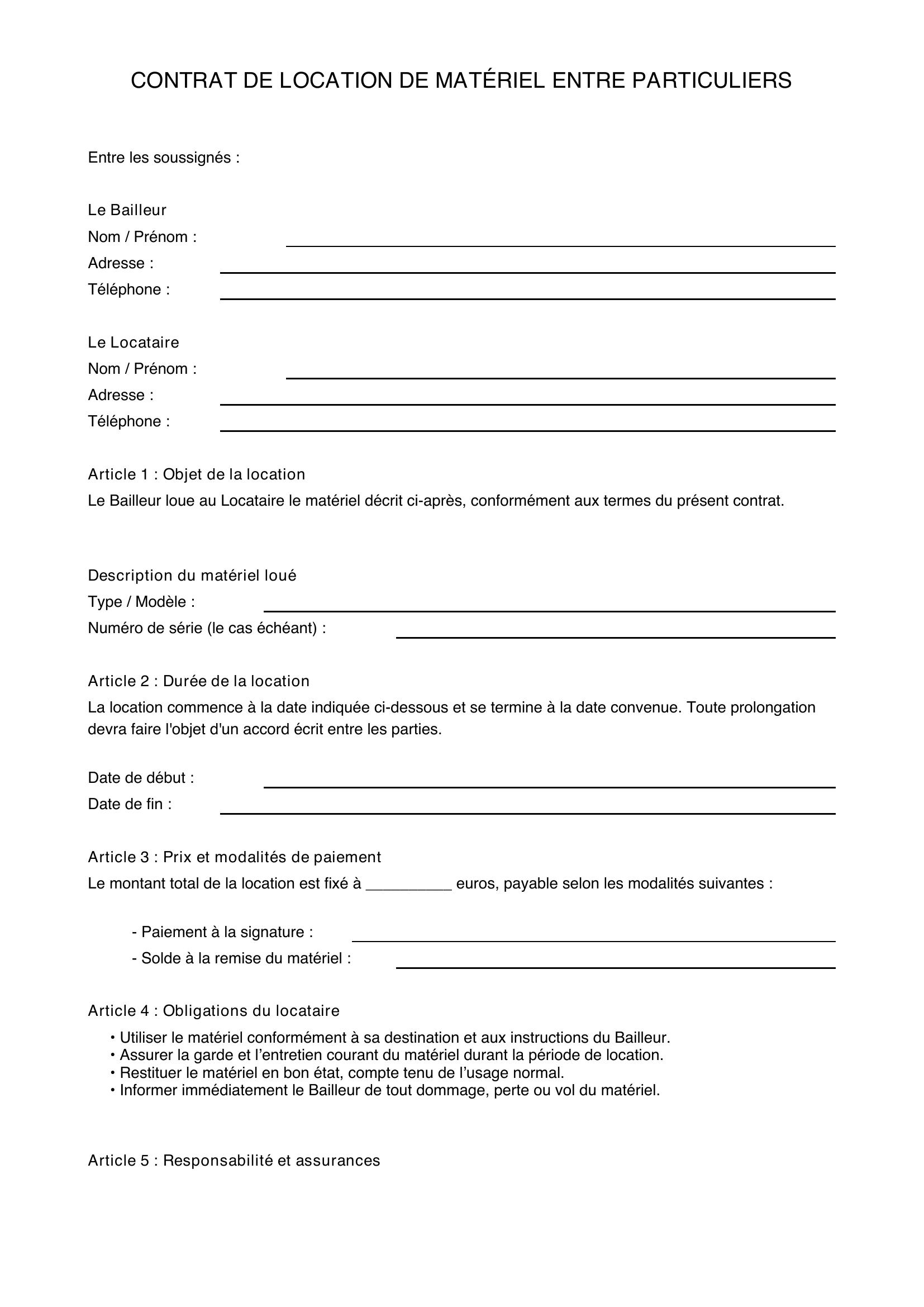 Contrat De Location Matériel Entre Particuliers À Imprimer