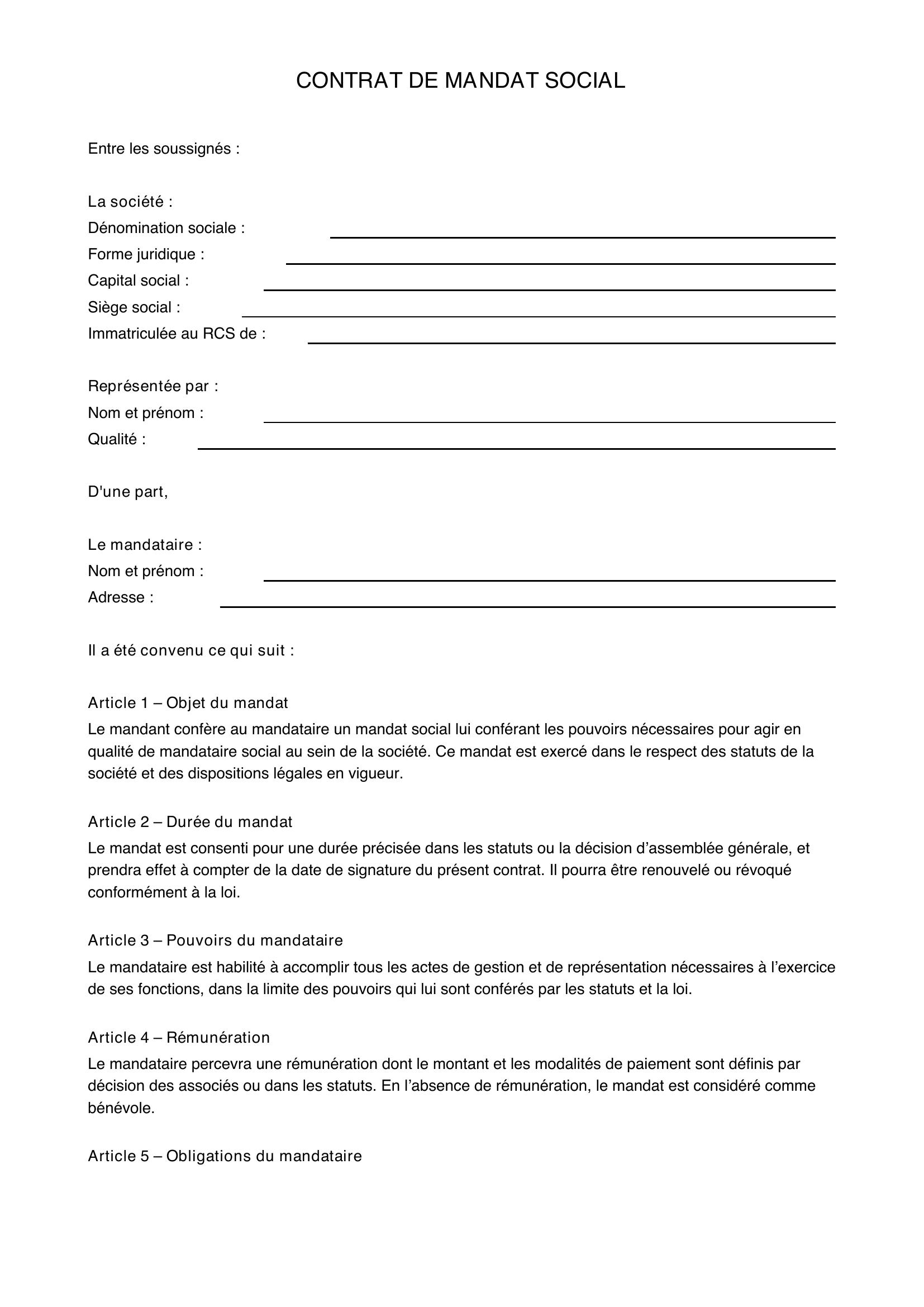 Modèle De Contrat De Mandat Social