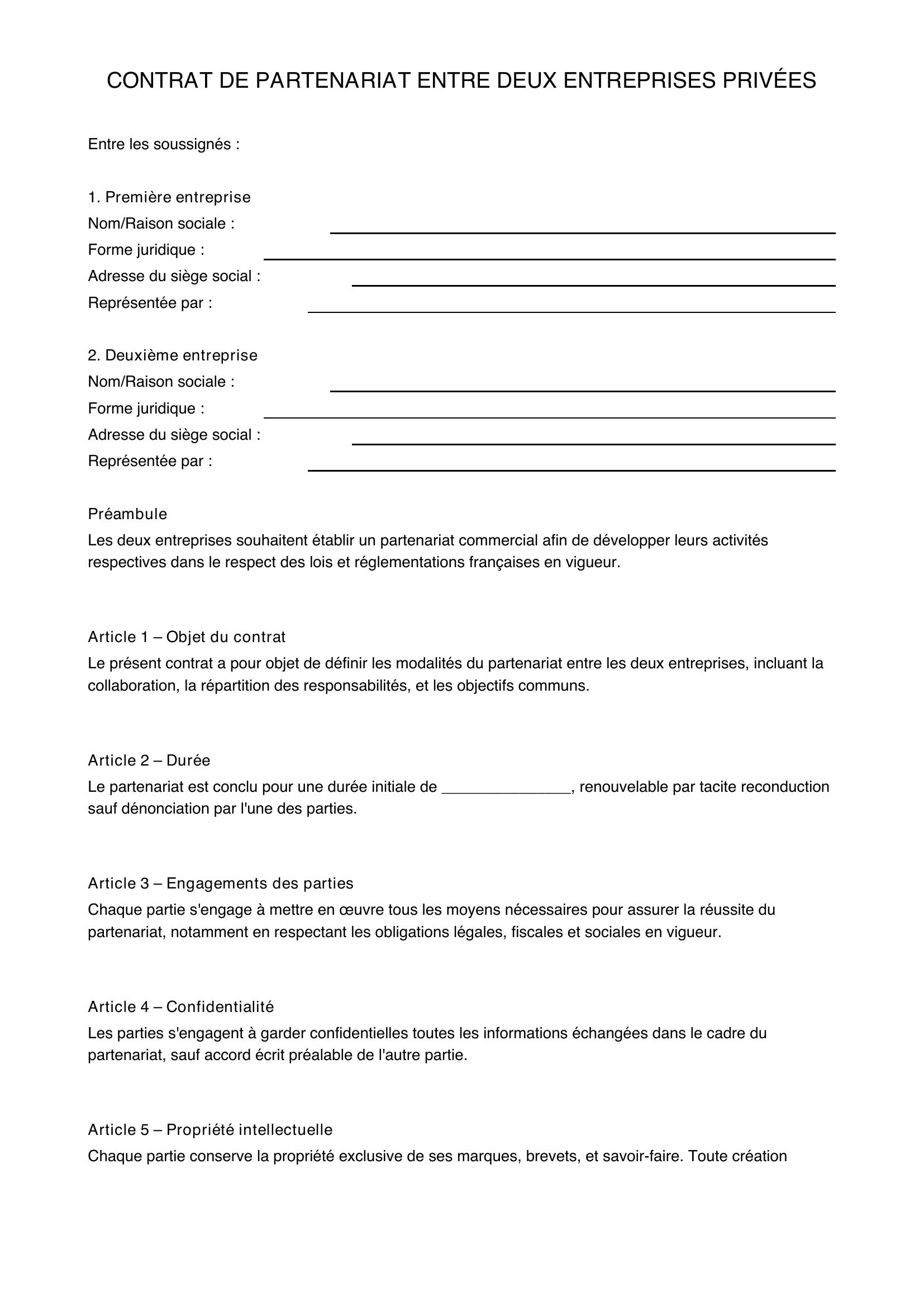 Contrat De Partenariat Entre Deux Entreprises Privées
