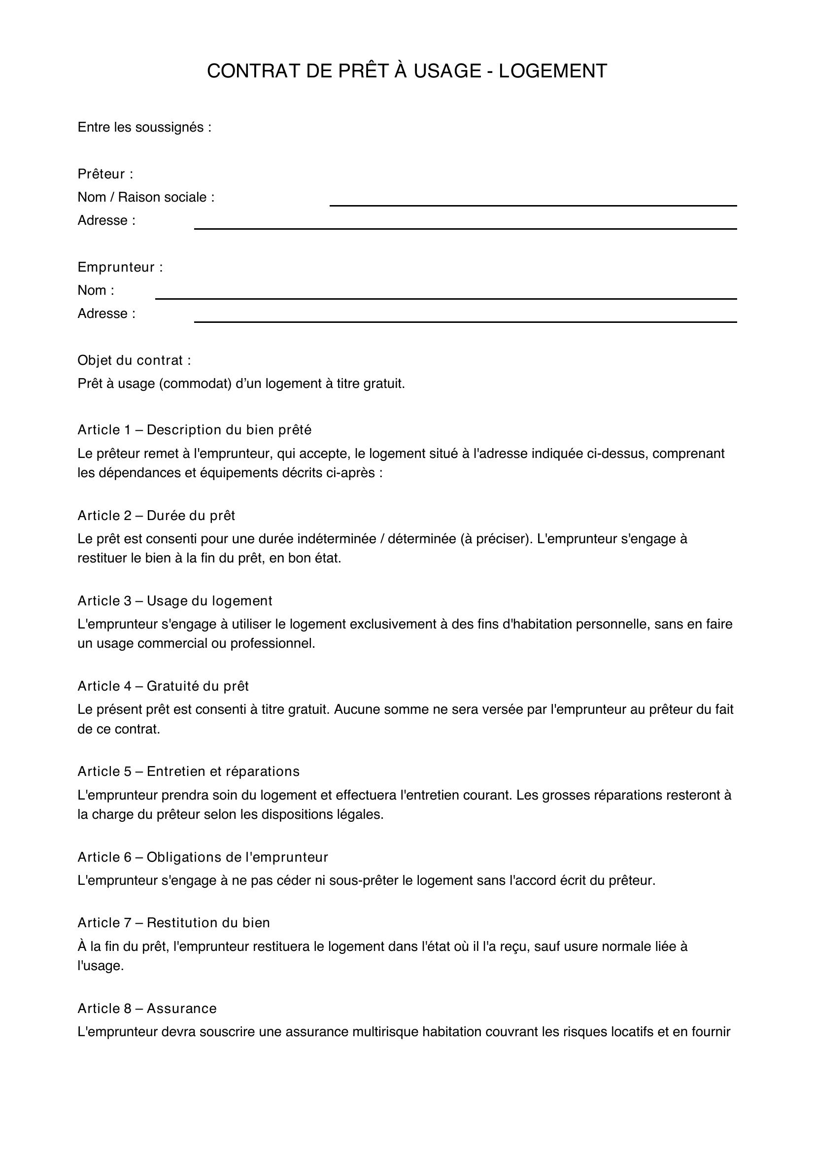 Modèle Contrat De Prêt À Usage Logement