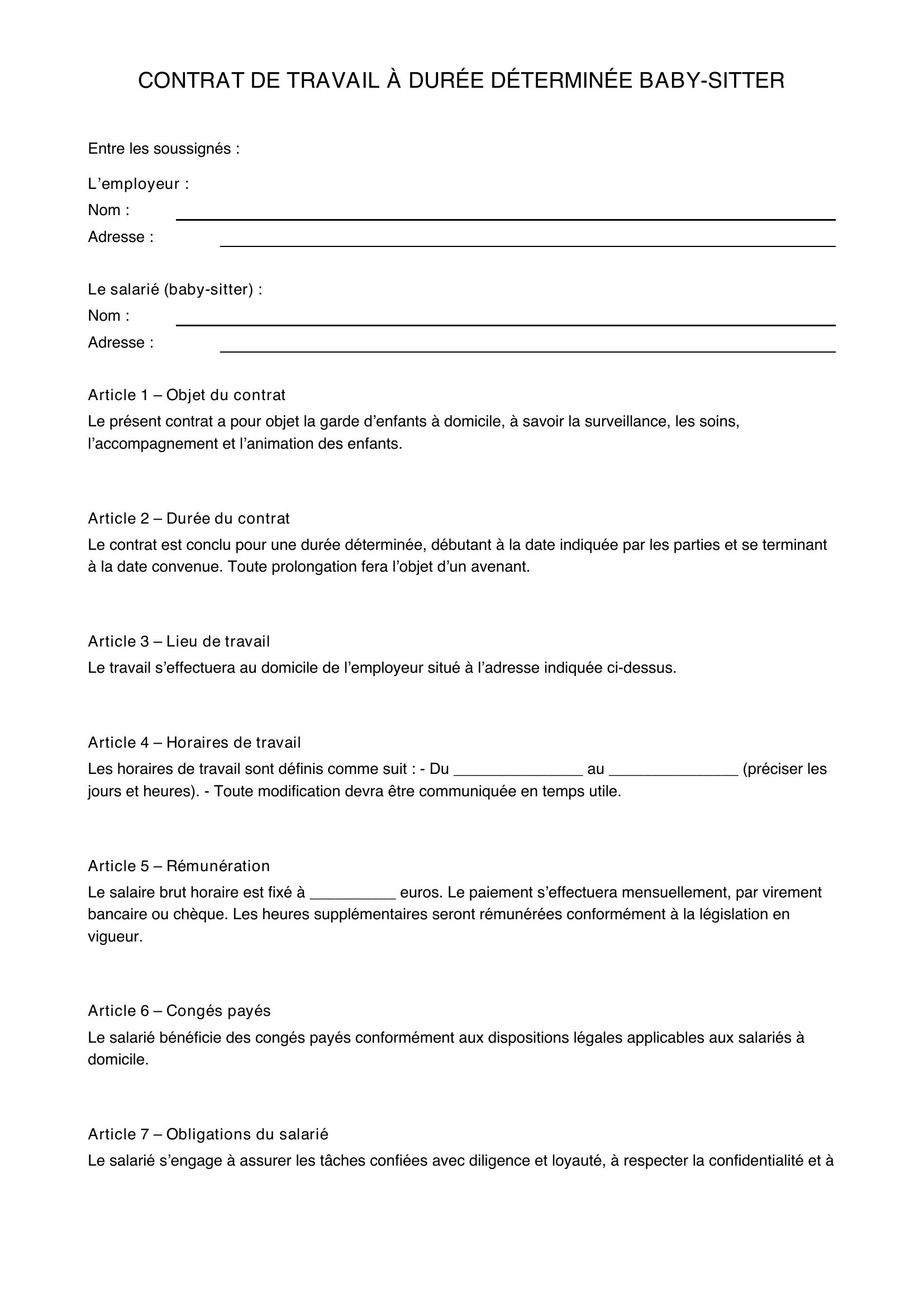 Contrat De Travail Baby-Sitter Modèle