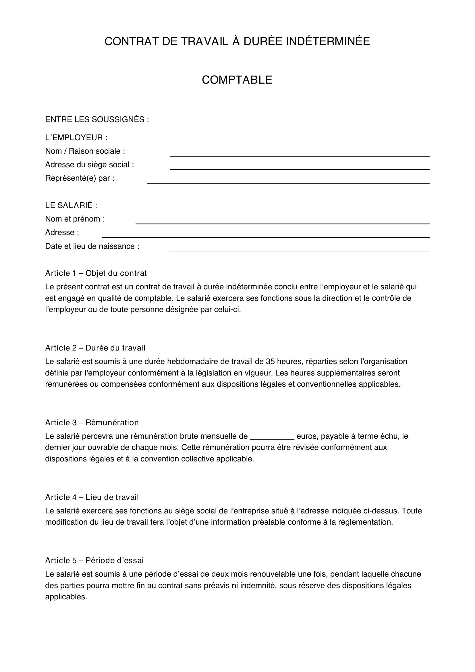 Modèle Contrat De Travail Comptable