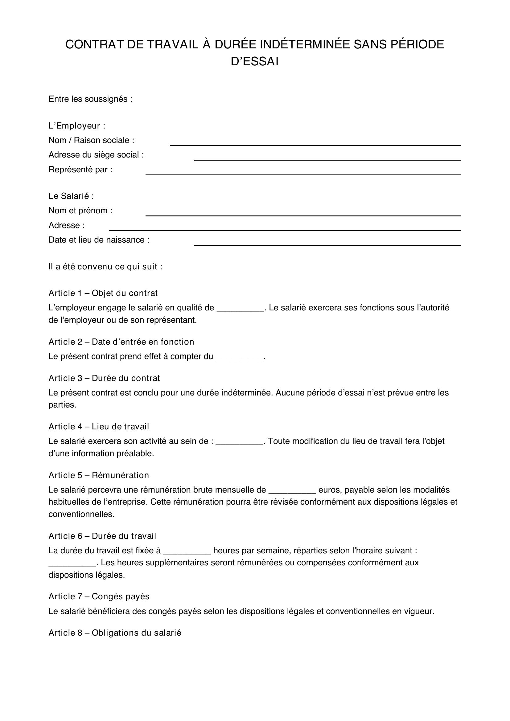 Modèle De Contrat De Travail Sans Période D'Essai